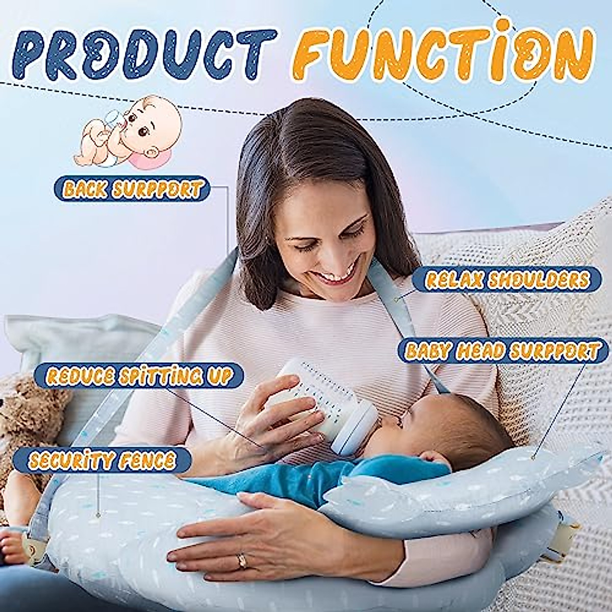 Geelin Nursing Pillow Soft Nursing Pads Set Include Breastfeeding Pillows with Adjustable Waist Strap 4 Pieces Breast Pads Reusable Postpartum Essentials for Baby Breastfeeding, Gray and White