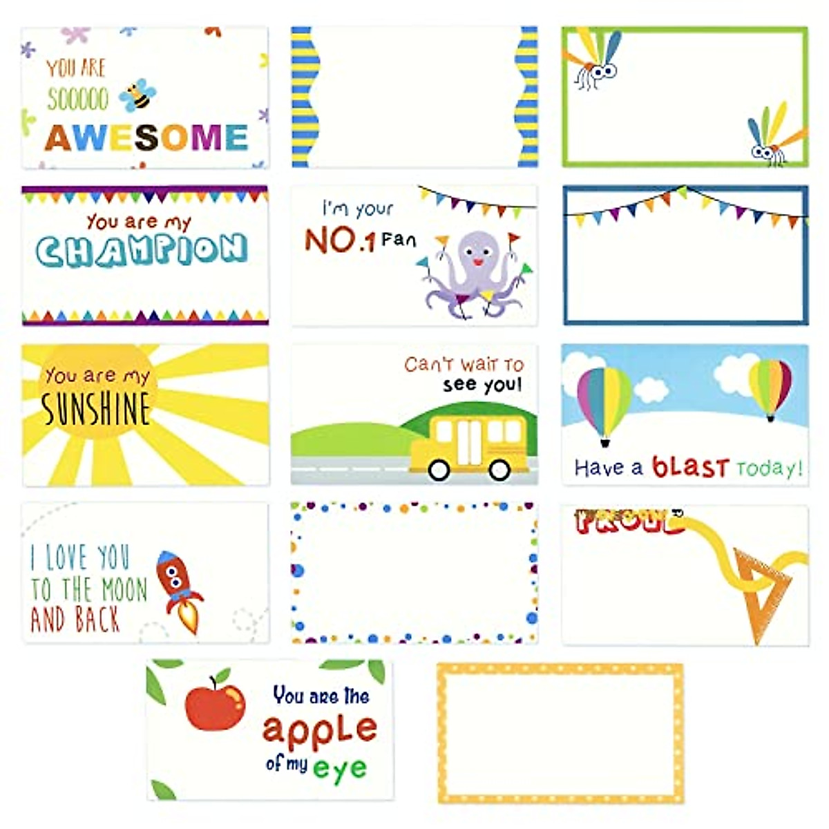 60-Pack Motivational Lunch Box Notes for Kids, Single-Sided Blank Inspirational Cards in 30 Designs, Cute, Encouraging Joke Cards for Lunchbox Essentials (2x3.5 in)