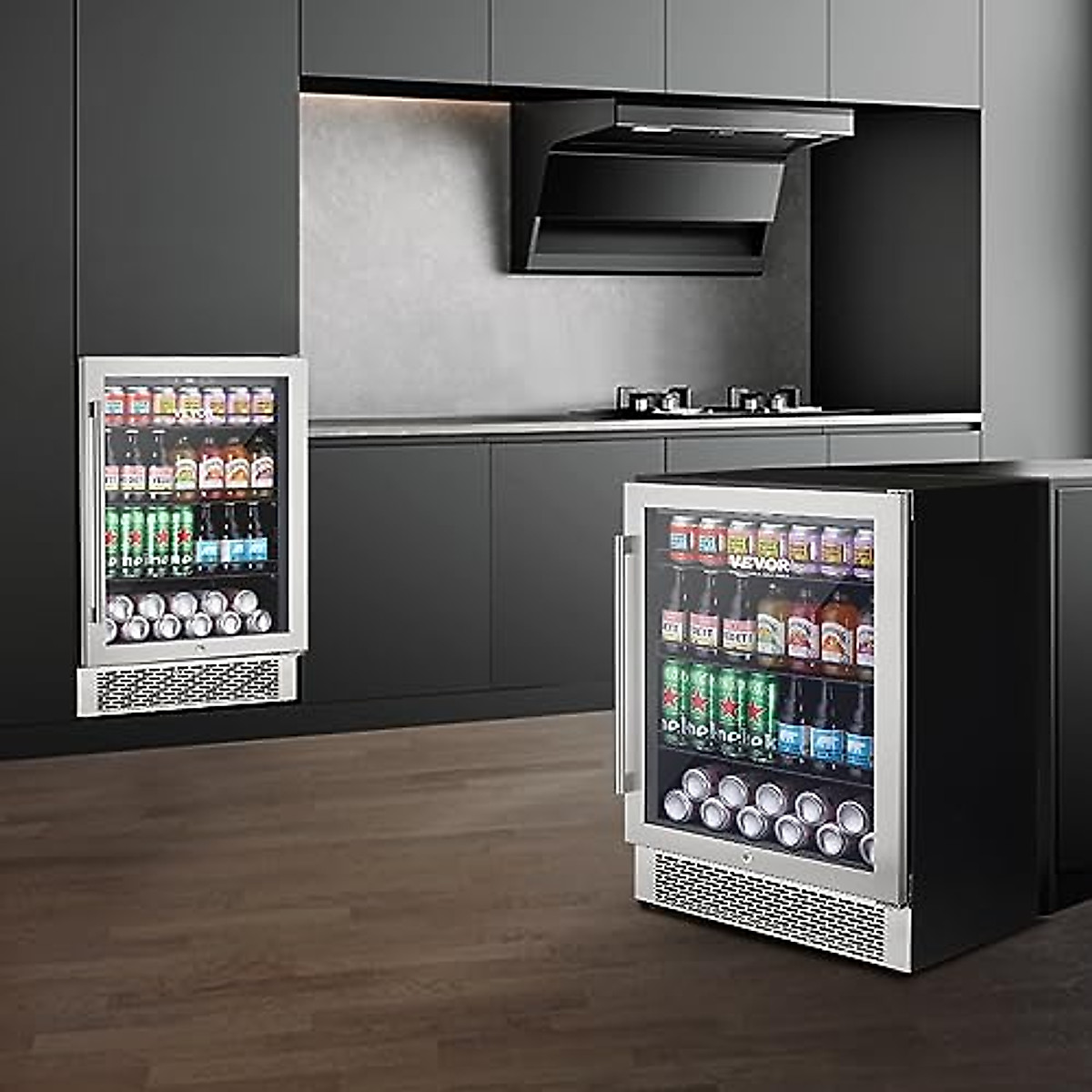 VEVOR Cooler 154 Cans Capacity Refrigerator Under Counter Built-in or Freestanding Beverage Fridge with Blue LED Light, Tempered Glass Door, Child Lock for Drink Soda Wine, Silver