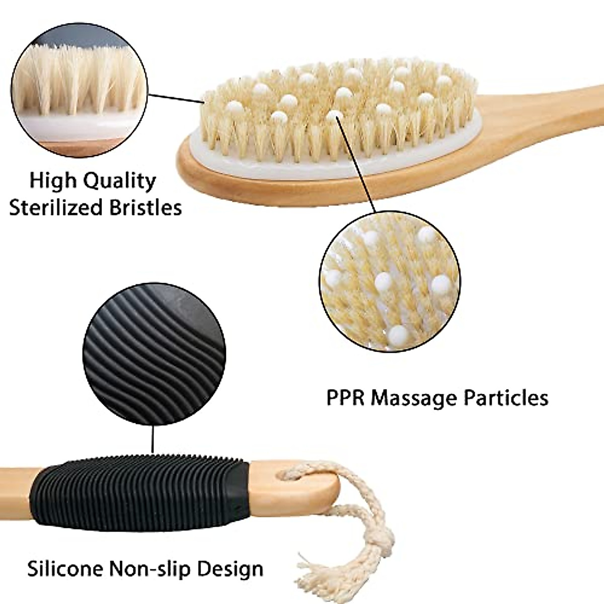 OWIIZI Bath Brush Wooden Curved Long Handle Antiskid Body Shower Brush for Exfoliating, Natural Bristle Back Scrubber for Shower Use Wet or Dry