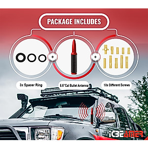 ICBEAMER 50 Cal Carbon Fiber Bullet Antenna Replacement [Color: Red], Universal Fit Truck Van Cars Made with 6061 Solid Aluminum & Anti Theft Anti Chip Design Universal Fit Good for AM/FM Radio