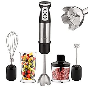 5 in 1 Handheld Immersion Blender, Anti-Splash Stick Blender with a Milk Frother, Egg Whisk, Food Grinder, and Blending Container, Hand Held Blender for Smoothies, Baby Food, Coffee, and Baking