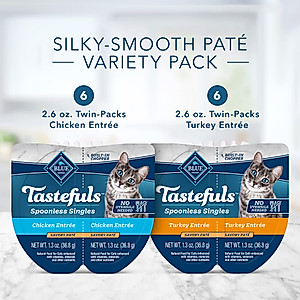 Blue Buffalo Tastefuls Spoonless Singles Adult Pate Wet Cat Food Variety Pack, Chicken and Turkey Entrées, 2.6-oz Twin-Pack Trays (12 Count - 6 of Each Flavor)