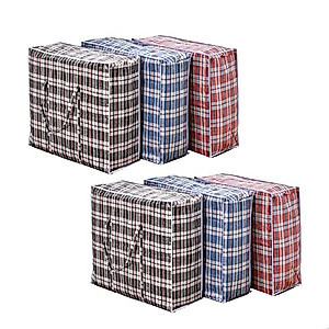 Set of 6 Large Plastic Checkered Laundry Bags with Zipper and Handles for Travel, Laundry, Shopping, Storage, Moving ,Size:(19"x19"x7") - Color May Vary