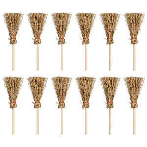 Ciieeo 12pcs Mini Broom with Red Rope Witches Mini Broom Prop Mini Witch Broom Halloween Mini Witch Broom for Costume Cosplay Party