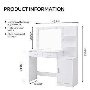 MIRROTOWEL 46.7IN Vanity Desk with Mirror and Lights, Dressing Table with 2 Large Drawer&Large Vertical Organizer, 3 Level Dresser & 3 Lighting Modes Adjustable Brightness, Suitable for Bedroom(white)