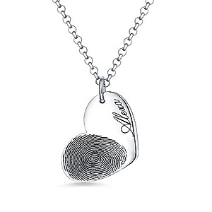 AILIN Custom Heart Fingerprint Necklace Sterling Silver 925 Personalized Father Baby Fingerprint Name Pendant Mother Day Memorial Jewelry Family Anniversary Birthday Gifts For Women Grandmother
