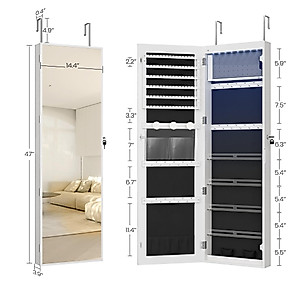 Hzuaneri 8 LEDs Mirror Jewelry Cabinet, 47.2-inch Jewelry Armoire Organizer, Wall/Door Mount Lockable Storage Cabinet with 6 Earrings Shelves, 2 Makeup Pockets, White and Black JC12003B