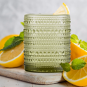 Wongblee Hobnail Drinking Glasses Set of 6, Vintage Colored Glassware 11oz, Beverage Glass Cups for Water, Juice, Cocktail (Green)