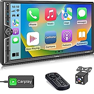 Double Din Car Stereo with Voice Control CarPlay, Bluetooth, Mirror Link, 7 Inch Full HD Capacitive Touchscreen, Backup Camera, Subw, Steering Wheel Control, USB/TF, FM/AM Car Radio Receiver