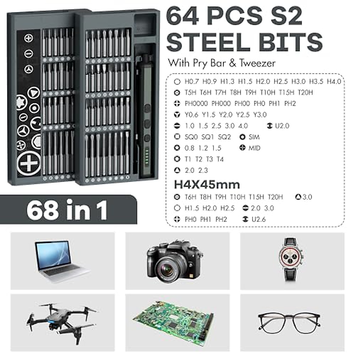 Mini Electric Screwdriver, 68-in-1 Precision Electric Screwdriver 400RPM with 5 Torque Settings, 68 Drill Bits, Pry Bar, Led and Tweezers, Electric Precision Screwdriver Kit for Pc Building