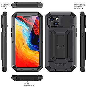Metal Compatible with iPhone 14 Plus 6.7 inch 2022 Case Cameras Protection Heavy Duty Protection Doom Cover 360 Full Protection Shockproof with Built in Screen Protector Holder Kickstand (Black)