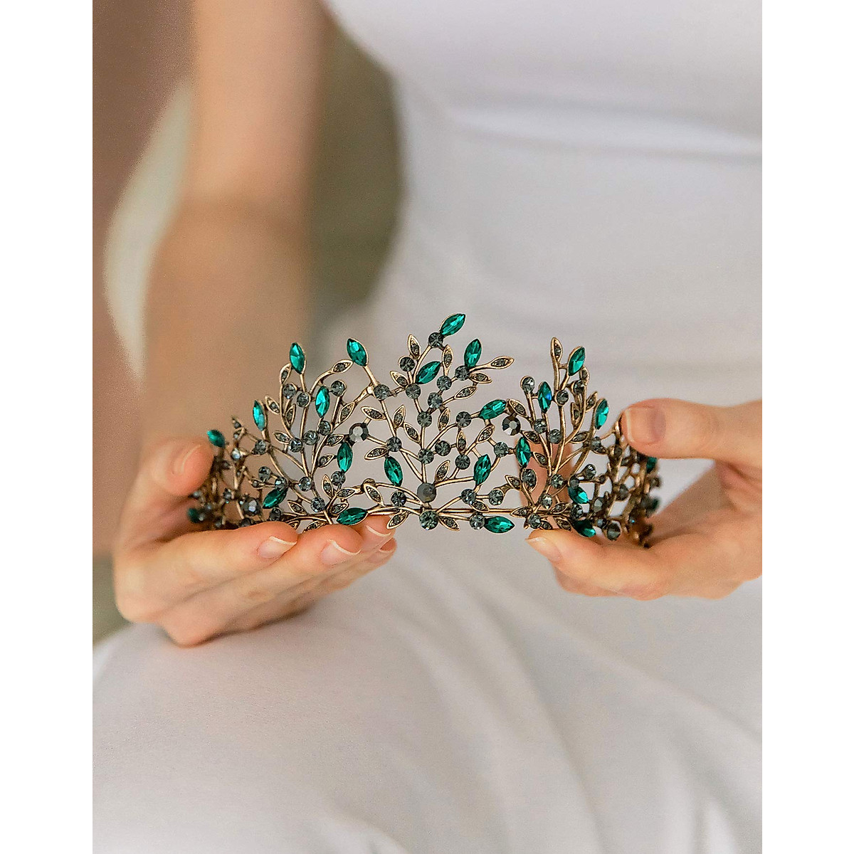 SWEETV Vintage Tiaras and Crowns for Women, Crystal Leaf Metal Tiara, Gothic Queen Crown, Birthday Party Quinceanera Pageant Prom Halloween Costume Headpieces,Green,Eden