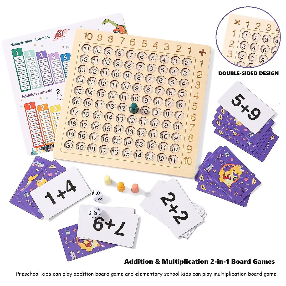 2 in 1 Multiplication Addition Math Board Game for Kids - Wooden Montessori Math Toys for Girls Boys 4 5 6 7 8 9 Years Old Wood Double Sided Board Table Dice Card Games for Family