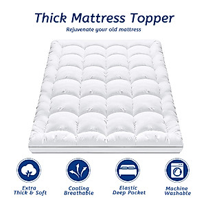 King Size Mattress Topper for Back Pain, Cooling Extra Thick Mattress Pad Cover with 8-21 inch Deep Pocket, Plush Pillow Top Mattress Topper Overfilled with Down Alternative, King Size, White