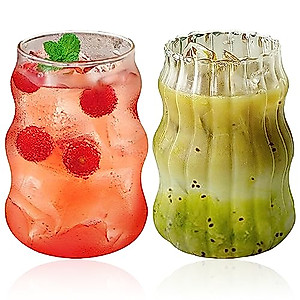 URMAGIC 2 Pcs Creative Glass Cups,18 Oz Vintage Drinking Glasses,Wave Shape Glass Cups,Bubble Glasses,Bubble Cups,Iced Coffee Glasses,Cute Glass Cup,Aesthetic Cups,Milk Cups,Ribbed Beverage Cups