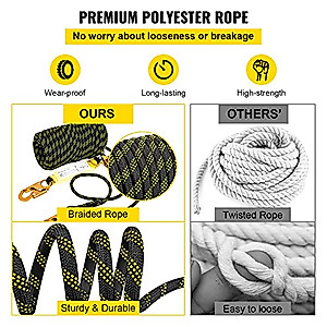 VEVOR Climbing Rope, Fall Protection Safety Rope, 25 50 100 150ft Vertical Tree Stand safety Rope Line Kit Safety Harness for Roofing Work with Alloy Steel Rope Grab, Two Snap Hooks, Shock Absorber
