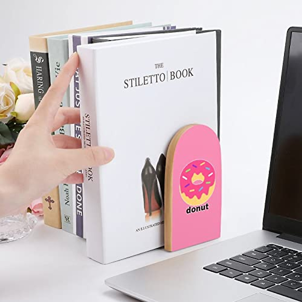 Cartoon Donut Wood Book Ends for Shelves Non-Skid Bookend Book Stand Book Holder Stopper for Home Office School