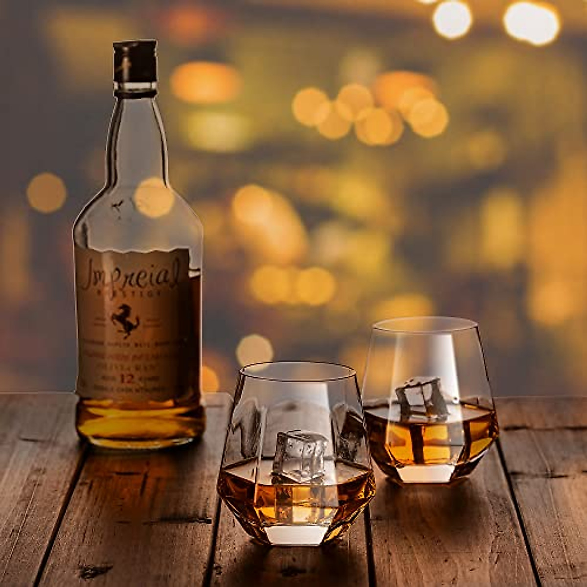 Hanobe Diamond Whiskey Glasses - Set of 2 Unique Geometric Tilted Wine Tumbler Crystal Old Fashioned Rock Lowball Glasses for Cocktail Scotch Cognac Bourbon Drinking Bar, 10oz Clear