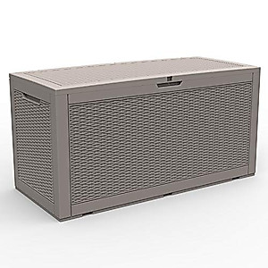 Modern-Depo 100 Gallon Deck Box Waterproof Outdoor Storage Bench Resin Garden Tools Pool Towel Storage Bin Porch Delivery Box, Brown
