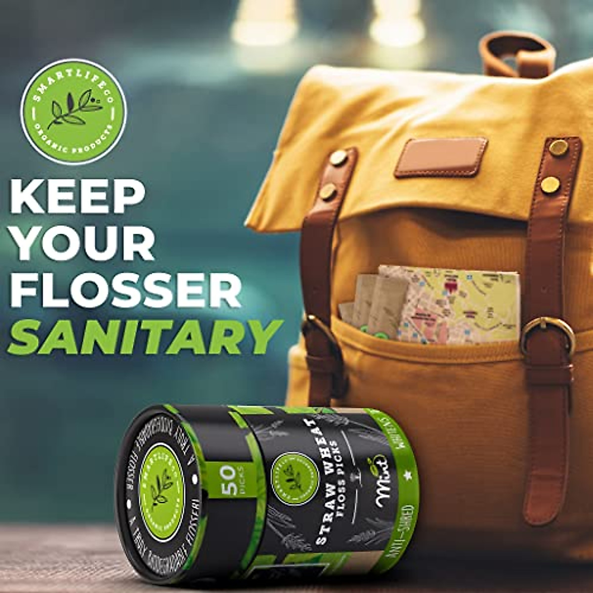 Individually Wrapped Dental Floss Picks - Biodegradable Plastic Free Flosser Handle & Packaging | Natural Toothpick Stick Soft On Gums & Teeth | Eco Friendly, Zero Waste, Organic Flossers | Mint, 50x