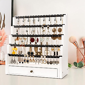Pinzoveco Earring Organizer, 5 Layer Earring Holder Organizer with Necklace Holder Pole, Rustic Wood Jewelry Organizer Stand Display for Stud Earring Bracelet Necklace Ring, 175 Earring Holes