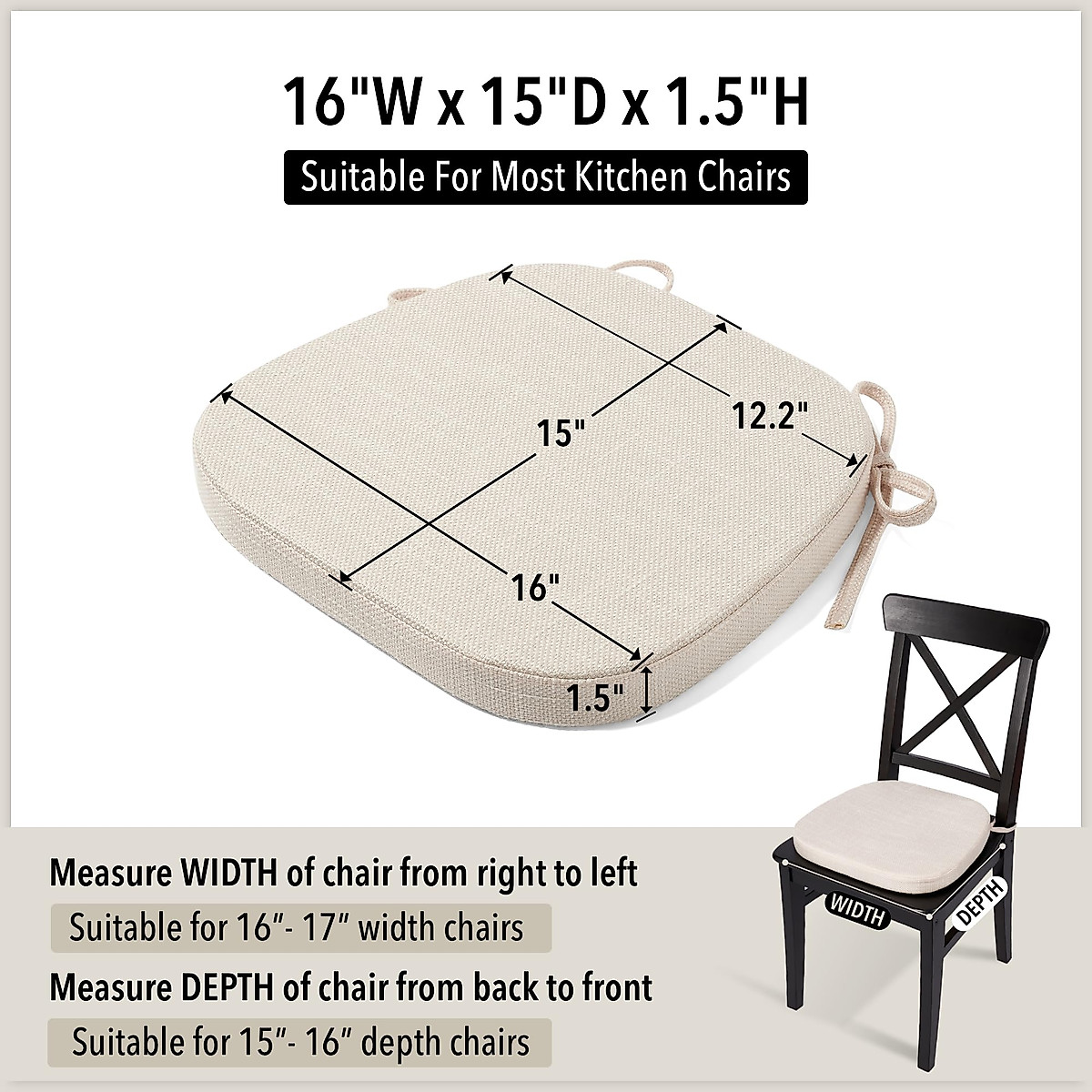 Tromlycs U Shaped Kitchen Chair Seat Cushion Pad for Dining Room Chairs with Ties 15x16 inches White Beige