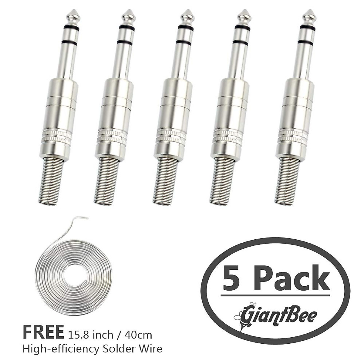 1/4" Audio Plugs 6.35 mm Plug TRS Male 1/4 inch Solder Type Stereo Plug Straight Design Connector with Spring for DJ Mixer Speaker Cables Guitar Cables Phono Patch Cable Microphone Cables (5 Pack)