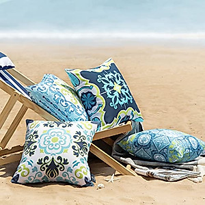 Phantoscope Set of 4 Outdoor Waterproof Throw Pillow Covers,Geometric, Decorative Boho Farmhouse Outdoor Pillows Cushion Case for Home Patio Furnitures Tent Sunbrella, Blue and Green 18x18 Inches