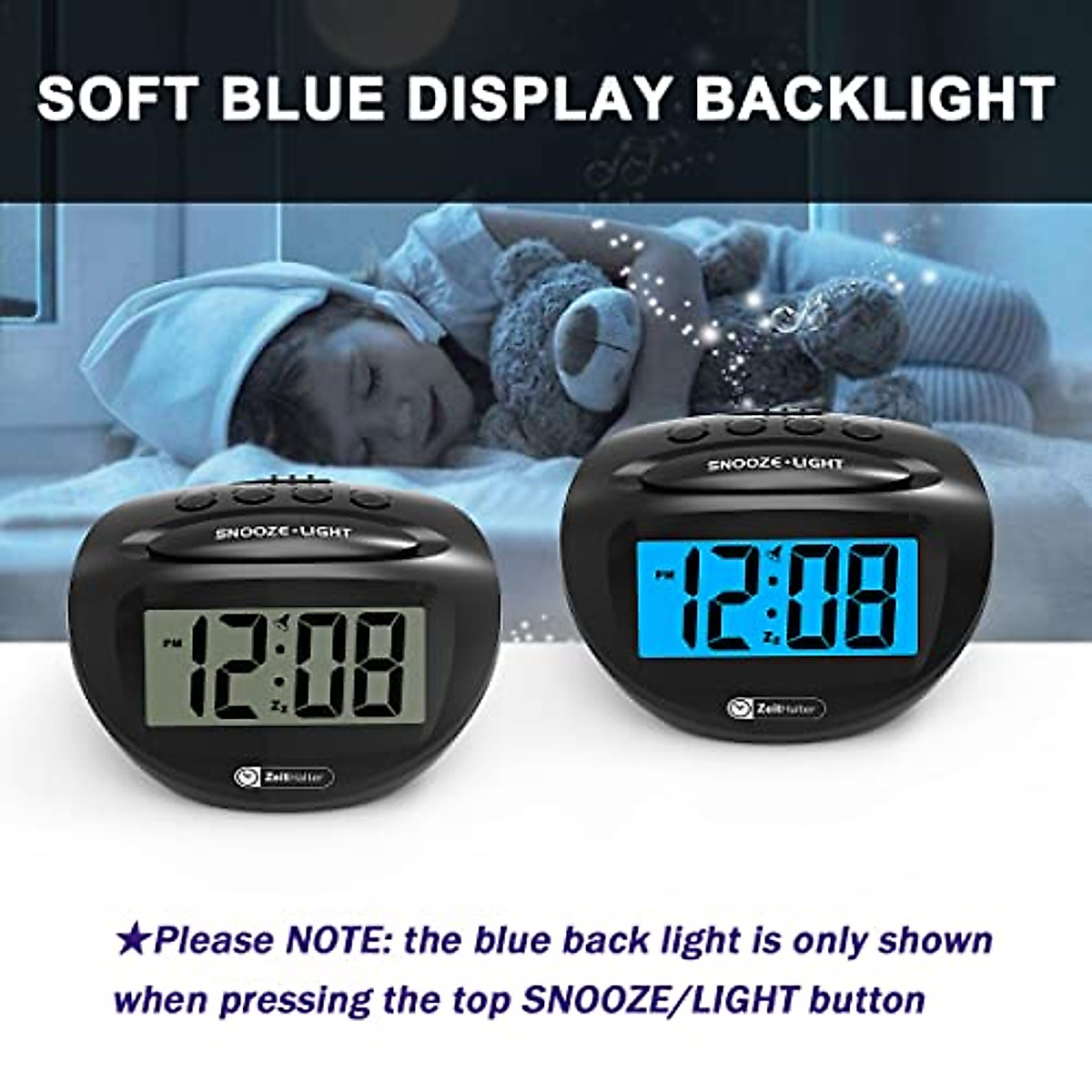 ZEITHALTER LCD Digital Alarm Clock Battery Operated Only Small, Blue Backlight,Ascending Alarm Volume, Simple Basic Clock for Bedroom/Desk/Travel…