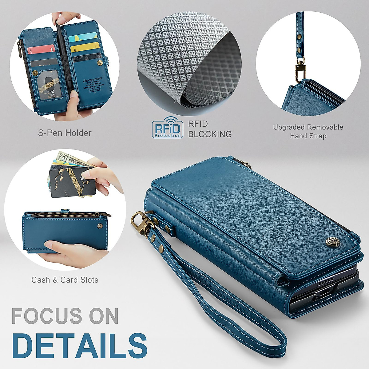 Defencase Wallet Case Compatible with Samsung Galaxy Z Fold 5 with RFID Blocking Card Holder & S Pen Holder PU Leather Magnetic Snap Flip Zipper Strap Phone Case Fit for Galaxy Z Fold 5, Dark Blue