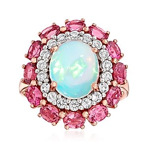 Ross-Simons Ethiopian Opal, 1.50 ct. t.w. Pink Tourmaline and .60 ct. t.w. White Topaz Ring in 18kt Rose Gold Over Sterling. Size 10