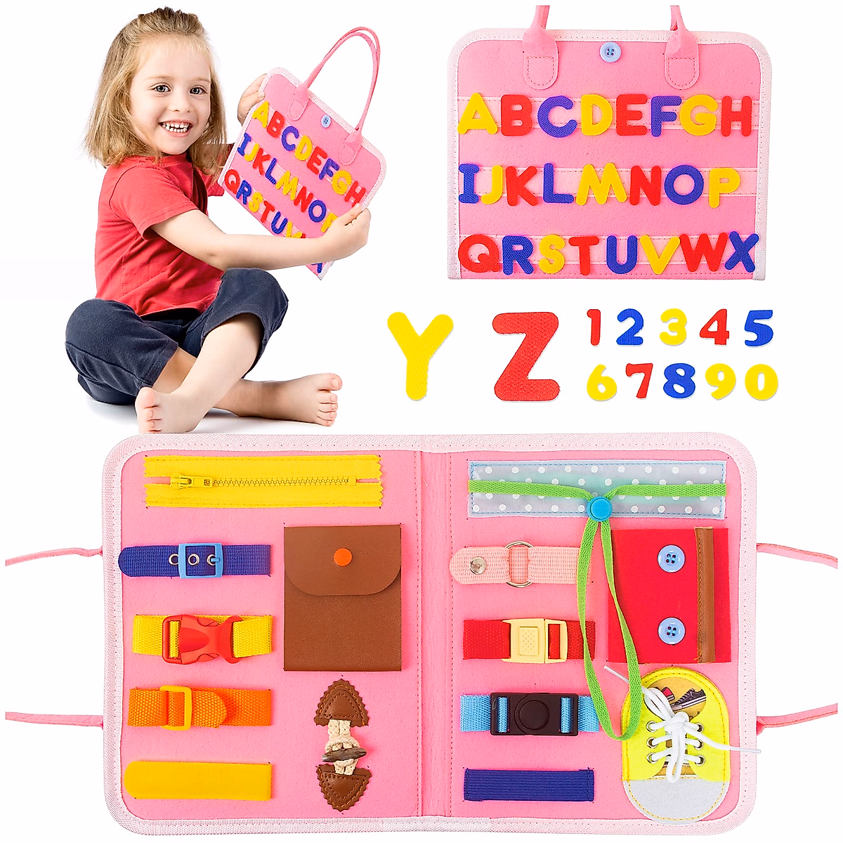 Busy Board Montessori Toy for 1 2 3 4 Year Old Toddlers Sensory Activity Board for Basic Dress Fine Motor Skills Travel Toys with Handle for Kids Car Rides Air Plane Travel Preschool Play(Pink)