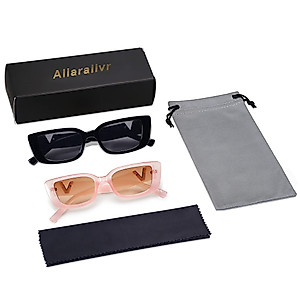 Allarallvr Rectangle Cat Eye Thin Sunglasses for Women 90s Retro Trendy Y2K Aesthetic Vintage Square Small Shades AR82037(Black+light Pink)