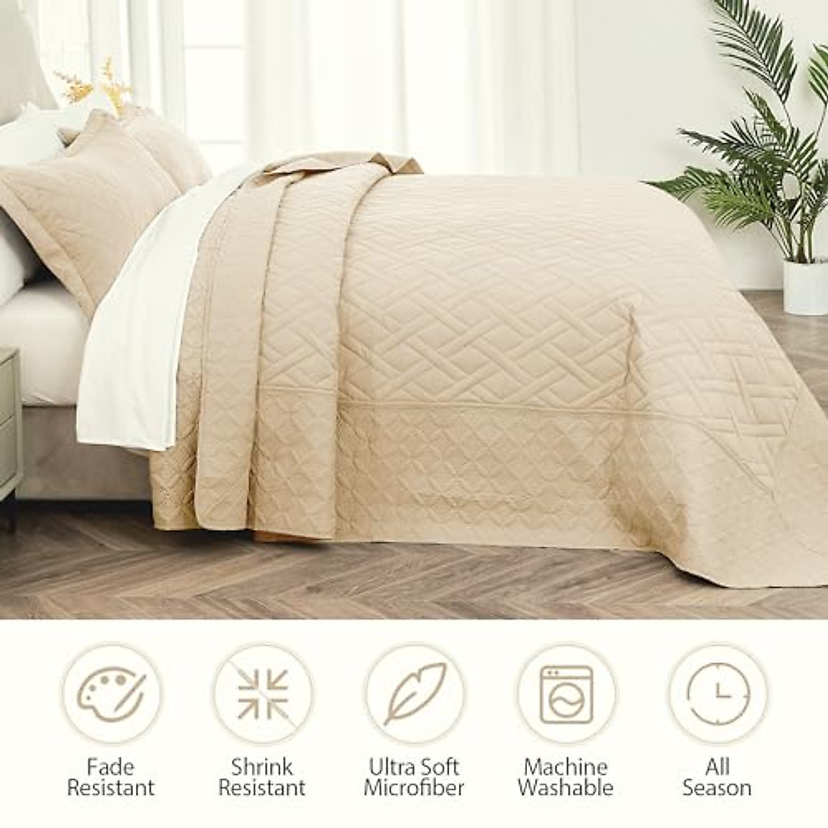 Qucover California King Beige Bedspreads, 3-Pieces Ultrasonic Quilting Geometric Pattern Soft Microfiber 120 x 118 Oversized King Quilt, Extra Width Cal King Bedspread Oversized, Beige