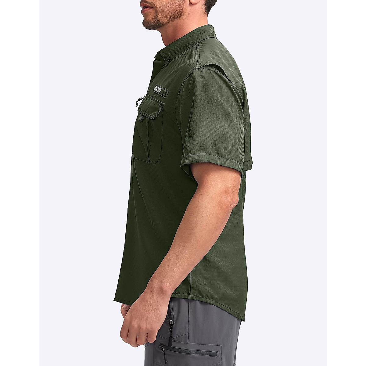Pudolla Men's Fishing Shirts Short Sleeve Travel Work Shirts Summer Button Down Shirts for Men UPF50+ with Zipper Pockets(Olive, XX-Large)