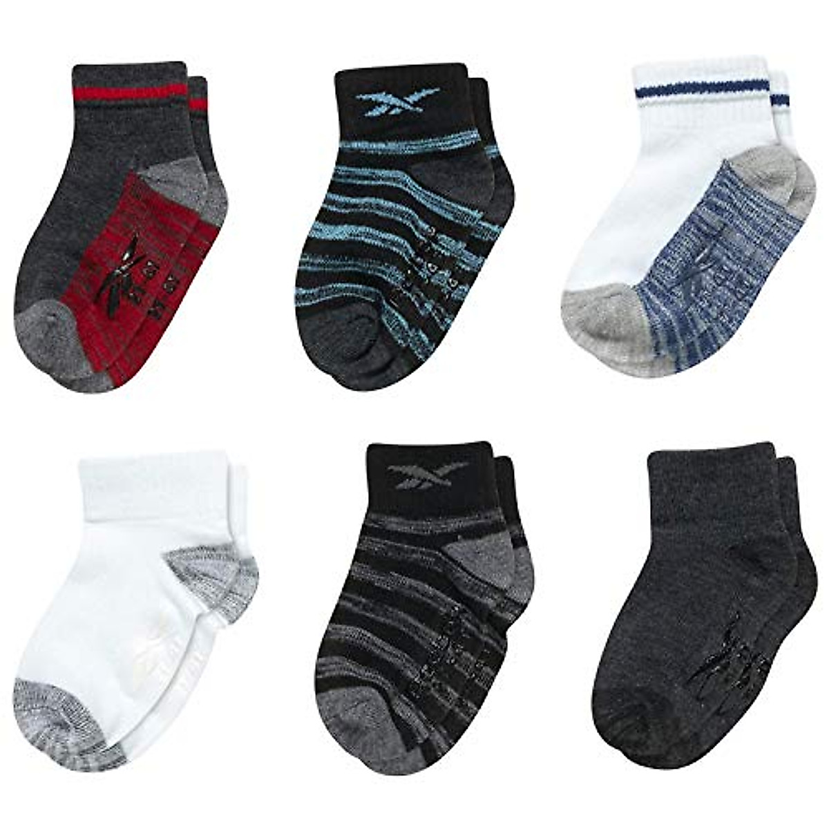 Reebok Girl's 6 Pack, 12 Pack Comfort Cushion Quarter Cut Socks (Infant/Toddler), Size 2-4T, Black/White (6 Pack)