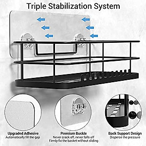 2 Packs Adhesive Shower Caddy with Hooks - No Drilling Rustproof Traceless Stainless Steel Wall Mounted Shower Storage Organizer Shelf Rack Holder for Bathroom Toilet Restroom Kitchen - Matte Black
