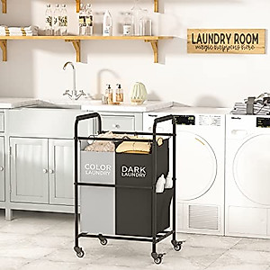 Tajsoon 2 Bag Laundry Sorter Cart, Laundry Hamper Sorter Basket with Heavy Duty Lockable Rolling Wheels for Clothes Storage, Black & Grey