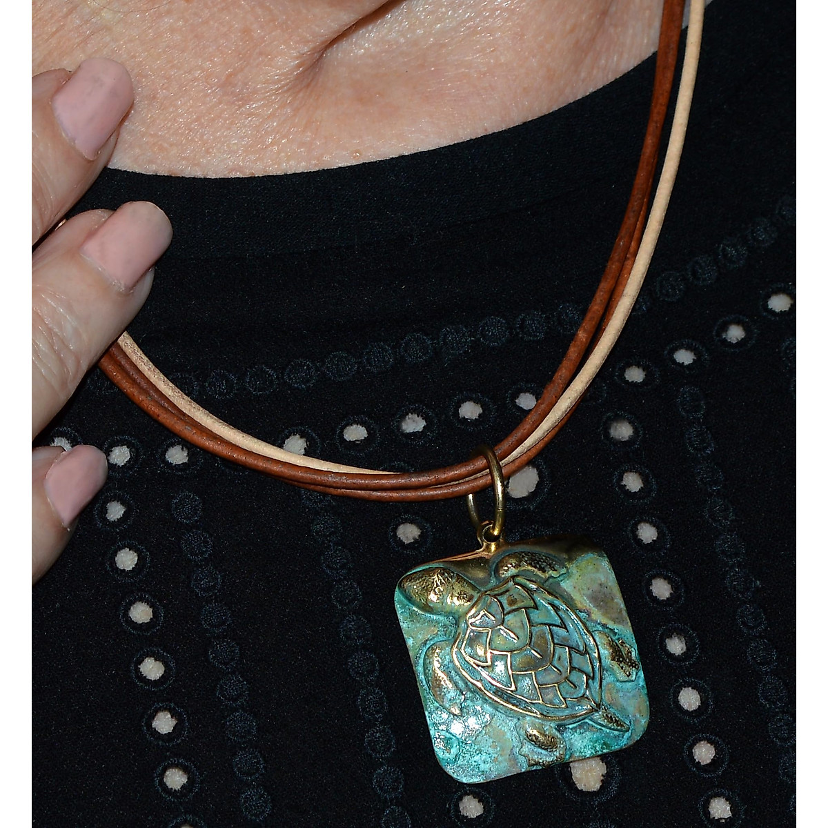 Elaine Coyne Collectible Artwear Verdigris Patina Solid Brass Large Sea Turtle Pendant on Triple Rawhide - USA Made