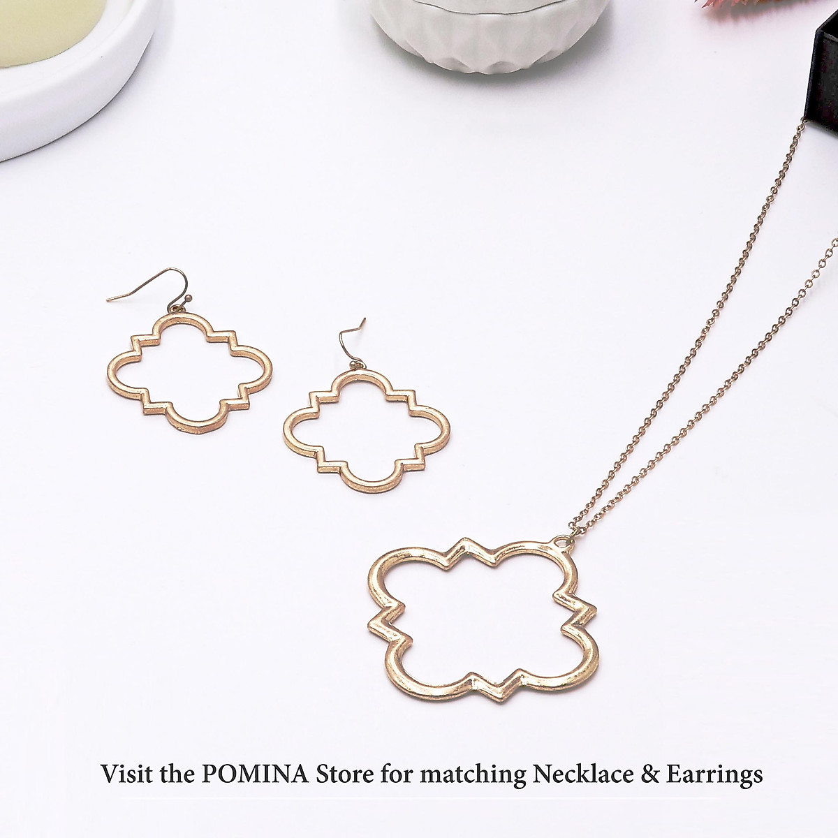 POMINA Gold Fashion Long Chain Necklace Quatrefoil Necklace Two-Tone Clover Pendant Necklace Geometric Pendant Sweater Long Necklace for Women (Worn Gold)