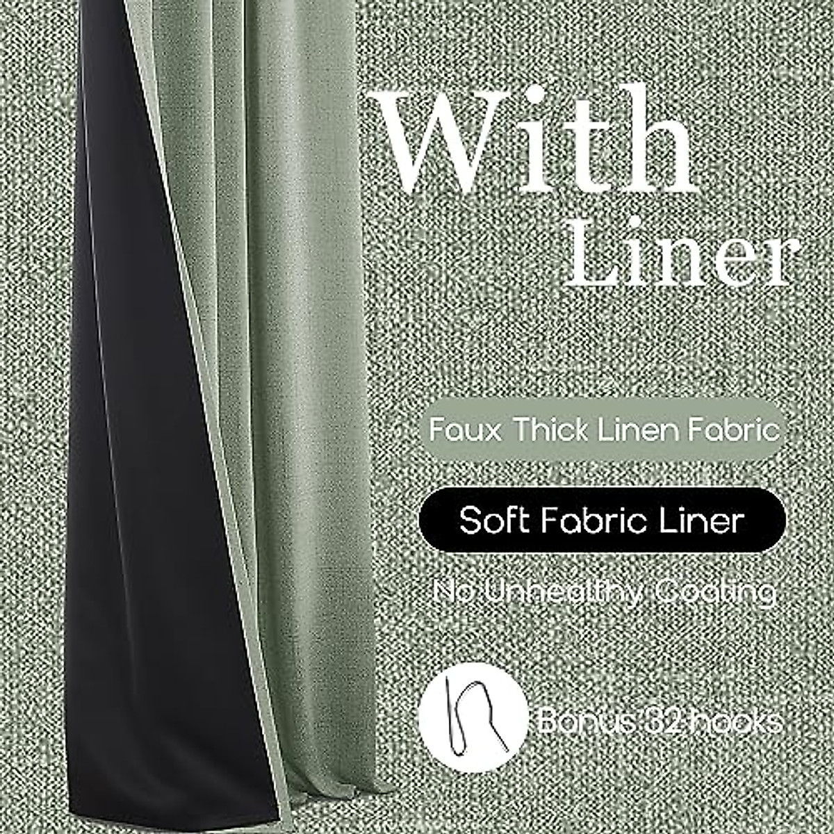 Sage Green Blackout Curtains 84 Inch Length 2 Panels Set for Bedroom Linen Aesthetic Boho Greyish Light Green Window Room Darkening Curtains for Living Room Kids Boys Room,Back Tab Pleated,84 In Long
