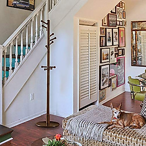 Vlush Sturdy Wooden Coat Rack Stand, Entryway Hall Tree Coat Tree with Solid Round Base for Hat,Clothes,Purse,Scarves,Handbags,Umbrella-(Dark Brown, 11 Hooks)