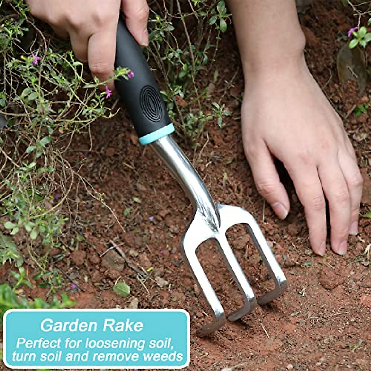 V.C.Formark Heavy Duty Garden Hand Tools, Aluminum Soil Scoop with Ergonomic Handle, Metal Garden Rake - Easy to Loosen Soil, Ideal for Transplanting, Digging, Cultivating, Weeding and Sowing