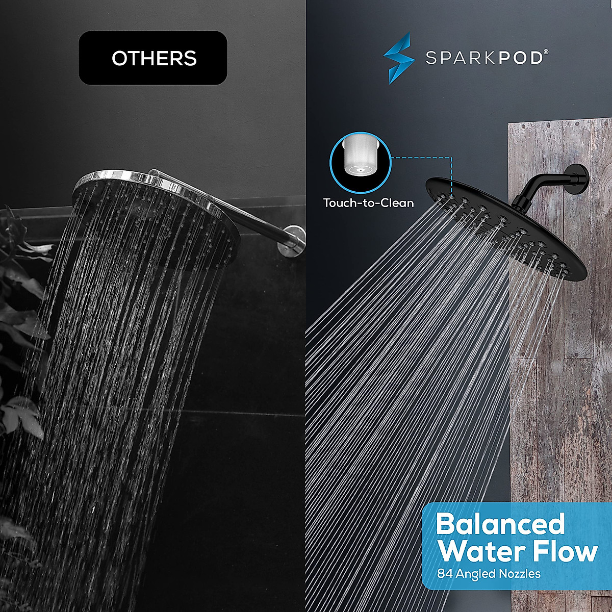 SparkPod 9.5 Inch Large Rain Shower Head - Luxury Rainfall Shower Head - High Pressure Showerhead, Full Body Coverage with Anti-Clog Silicone Nozzles - No Hassle, Easy Install (1/2 NPT, Black Matte)