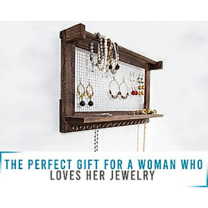 Rustic Jewelry Organizer – Wall Mounted Jewelry Holder with Removable Bracelet Rod, Shelf and 16 Hooks – Perfect Earrings, Necklaces and Bracelets Holder – Vintage Jewelry Display – Torched Brown