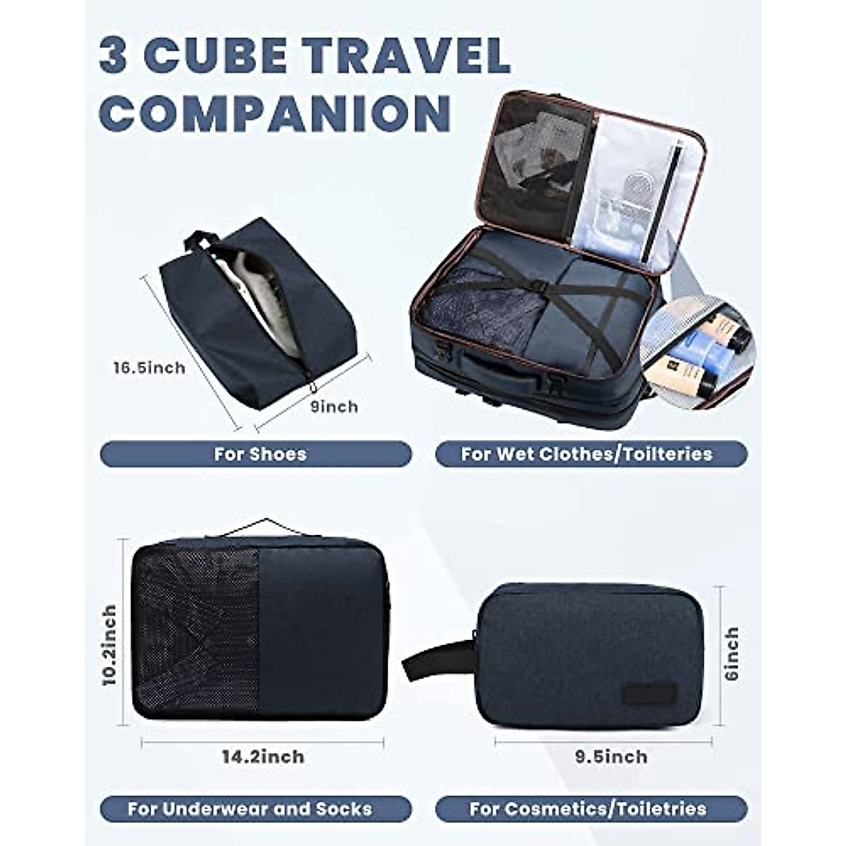 LOVEVOOK Travel Backpack, Expandable 40L Extra Large Carry on Backpack, Flight Approved, Anti-Theft Water Resistant 17 Inch Weekender Backpack for Men Women, with USB Port, Navy Blue