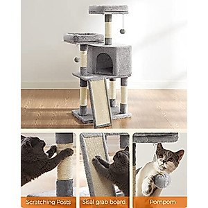 Feandrea Cat Tower, Cat Tree for Indoor Cats, 45.3-Inch Cat Condo with Scratching Post, Ramp, Perch, Spacious Cat Cave, for Kittens, Elderly Cats, Adult Cats, Small Space, Light Gray UPCT141W01