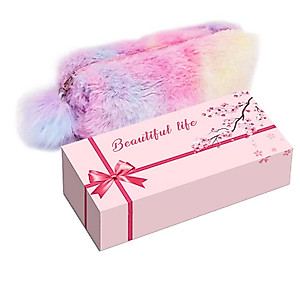 Plush Rainbow Pencil Case for Girls Fluffy Pencil Case Cute Rainbow Pencil Holder Soft Pencil Case Fluffy Pencil Bag Makeup Pouch Colored Storage Bags Large Capacity School Supplies for Kids