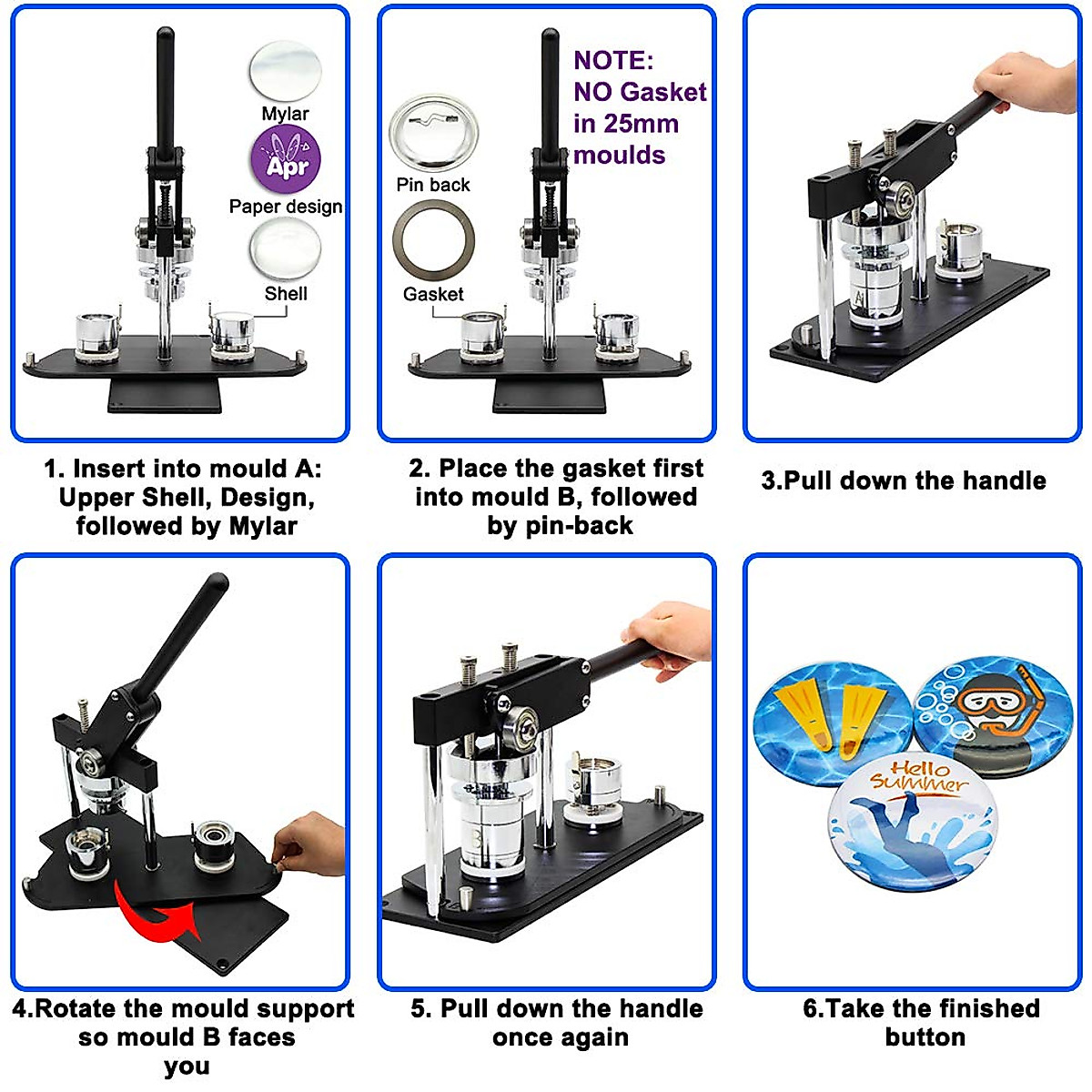 ChiButtons Button Maker Kit 25mm (1") Badge Press Machine-B400 + 25mm Round Die Moulds + 500 Set Button Components + Adjustable Circle Cutter (Black-New)